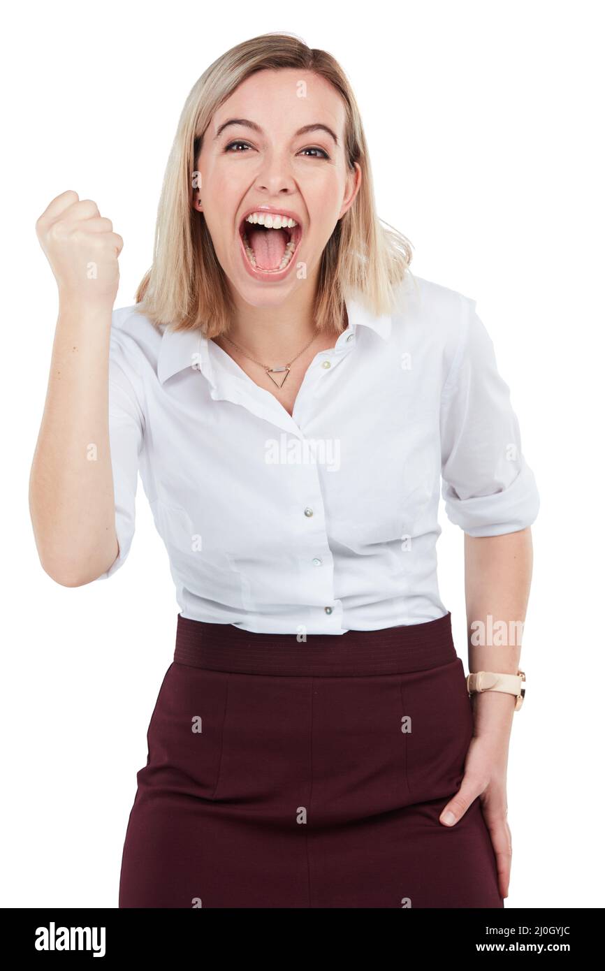 I got a promotion. Studio shot of a young businesswoman cheering ...