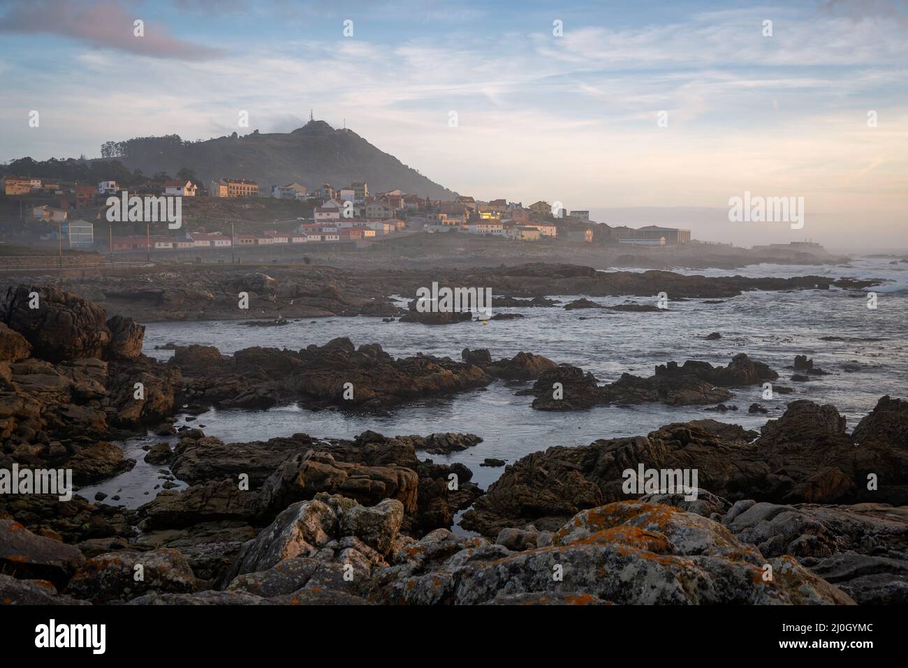 A Guarda beautiful sea landscape rock beach with city on the foreground ...