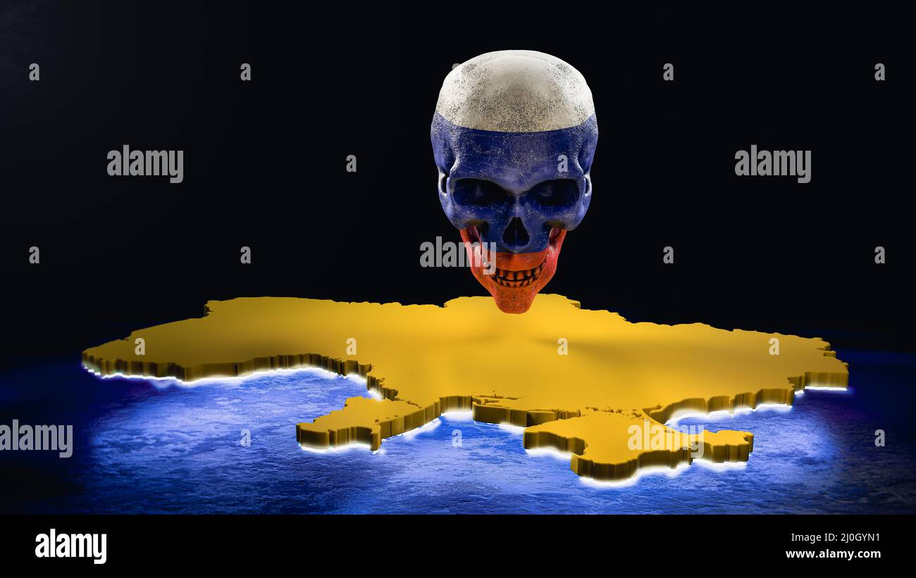 3D of russian flag skull over map of Ukraine. Concept of war, russia ...