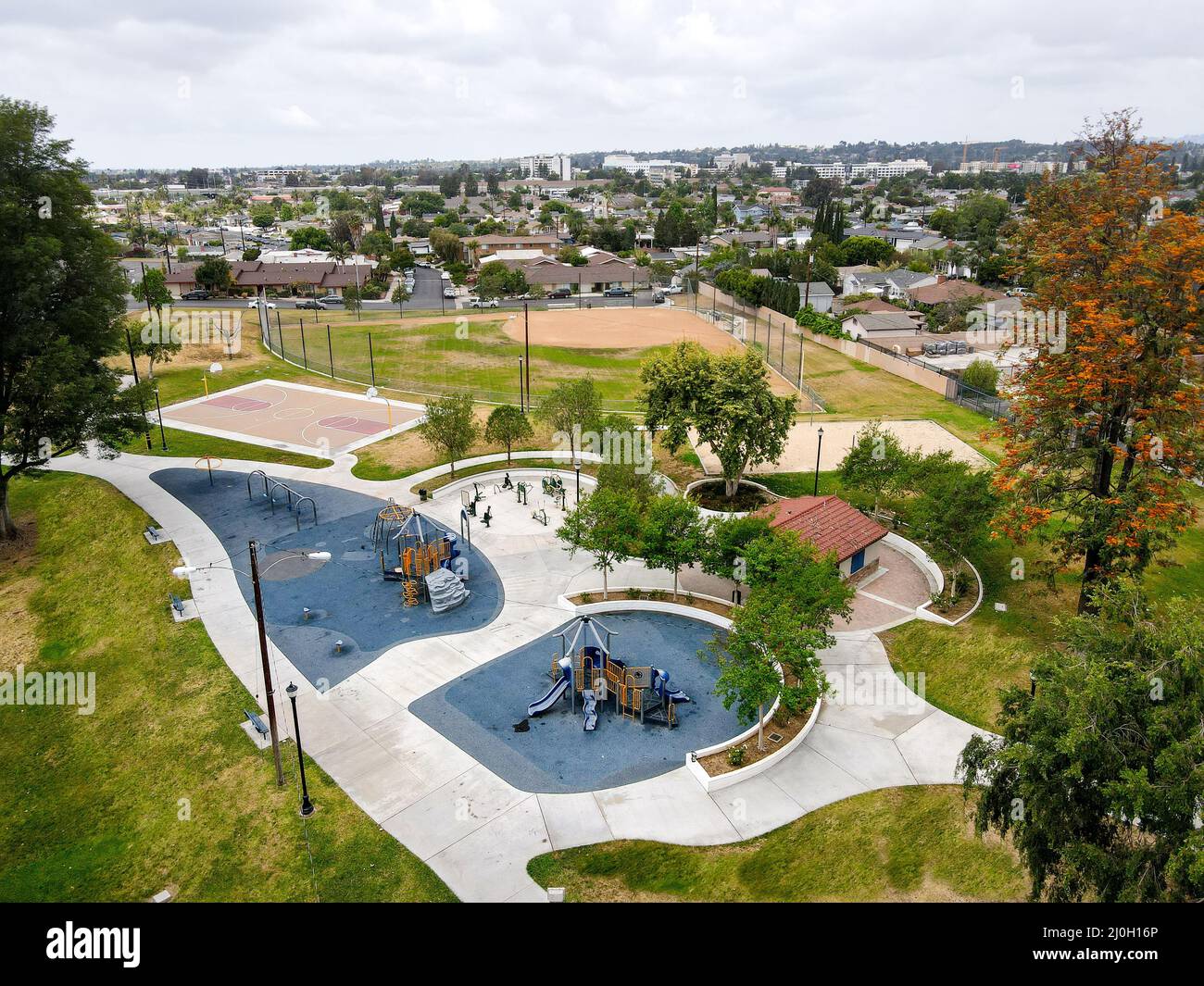 Aerial view of kid recreational park and baseball field, municipal park ...