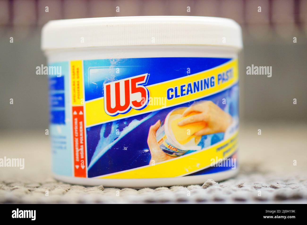 The close-up shot of the W5 brand cleaning paste in a container Stock ...