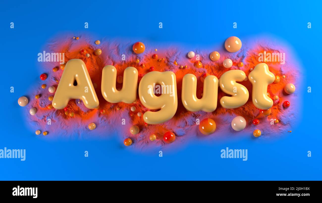 Soft orange plump word AUGUST surrounded by orange spheres over bright ...