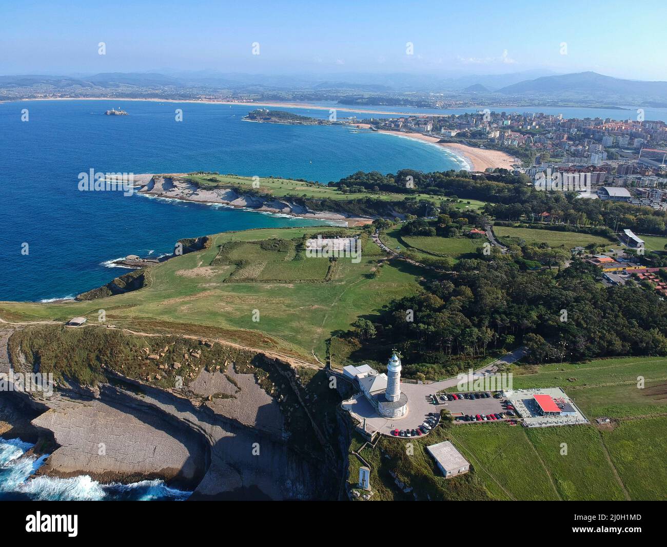 Aerial view of Faro Cabo Mayor lighthouse in Santander city, Cantabria ...