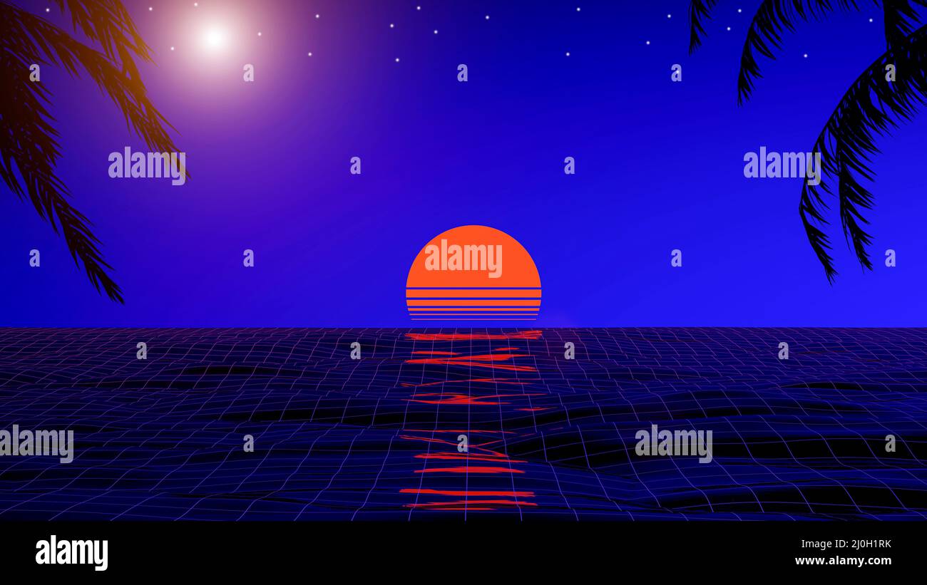3d tropical sunset with palm trees. Ocean and neon sun in synthwave and ...