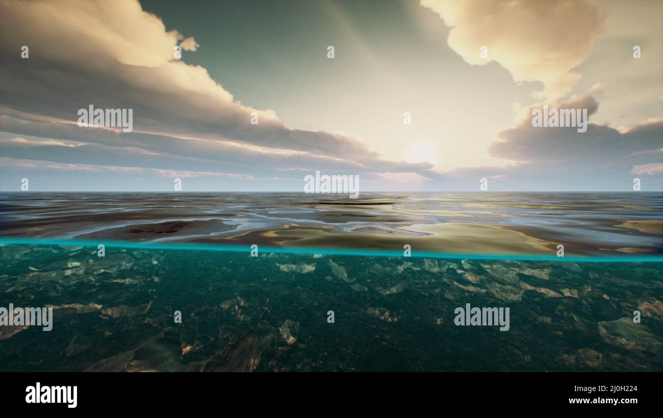 Underwater view with horizon and water surface split by waterline Stock ...