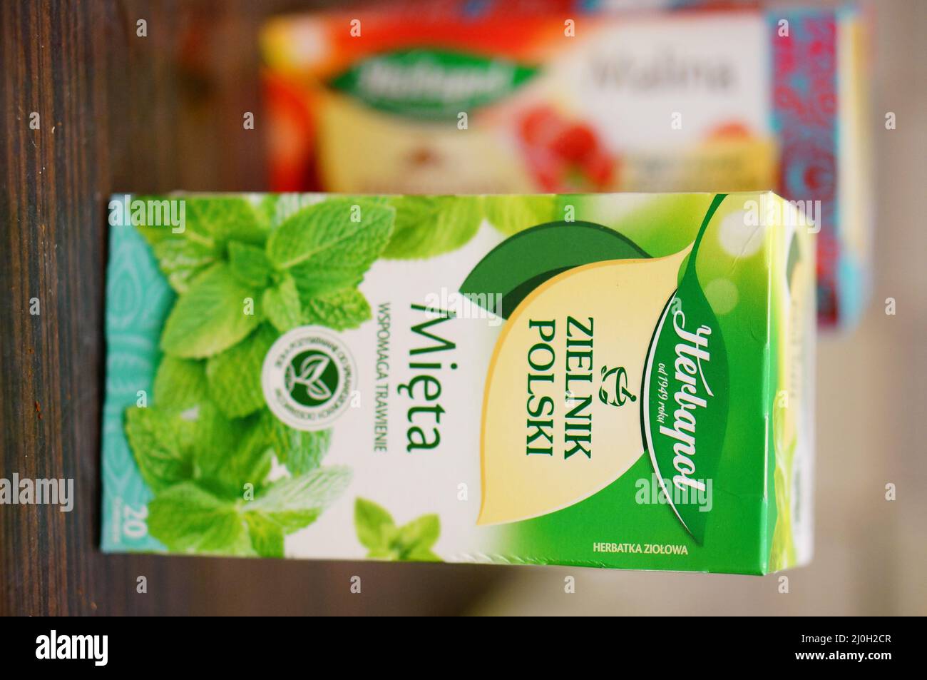 Close-up shot of the Herbapol brand herbal mint and raspberry tea in ...