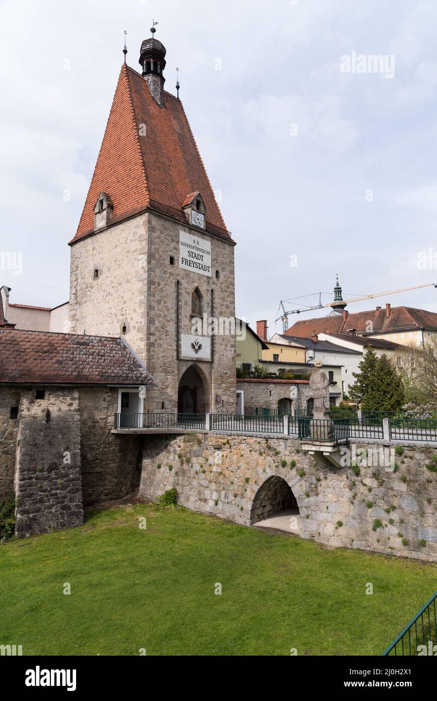 Linzertor - mighty gate tower as a landmark of Freistadt Stock Photo ...
