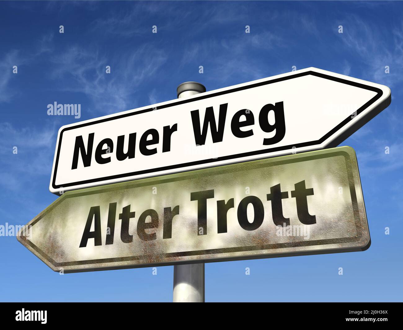 Old life - new life (in German: Neuer Weg - Alter Trott) signposts ...