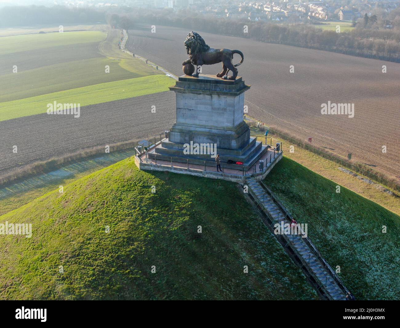 Aerial view of The Lion's Mound with farm land around. Waterloo ...