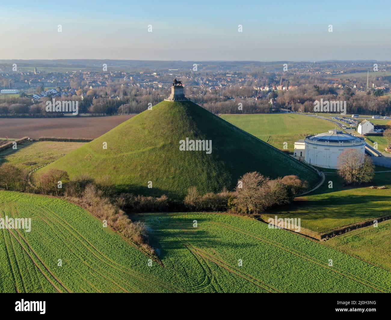 Aerial view of The Lion's Mound with farm land around. Waterloo ...