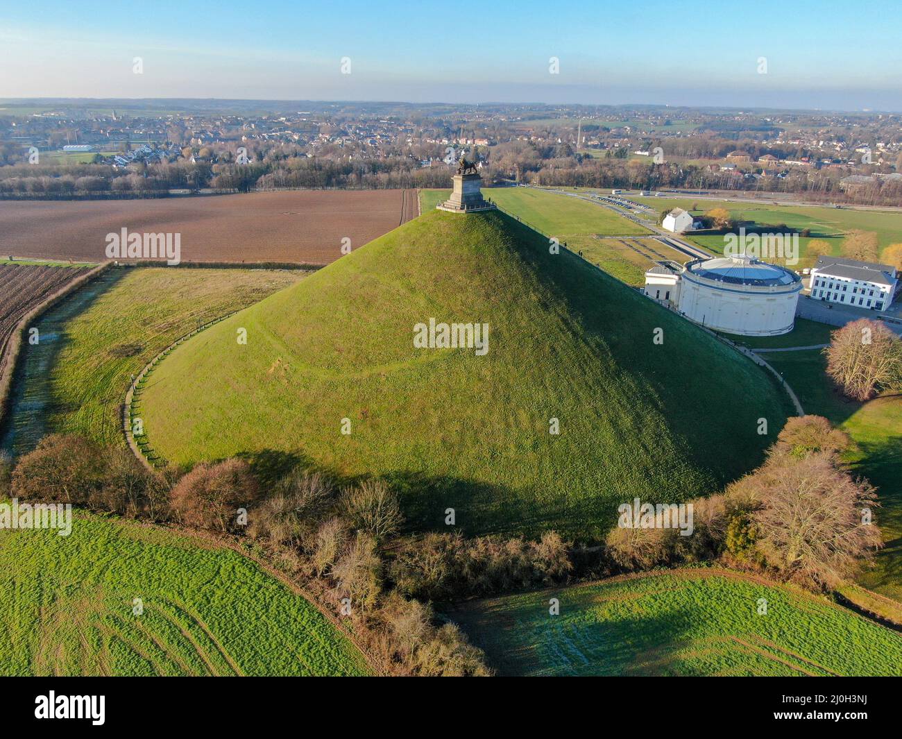 Aerial view of The Lion's Mound with farm land around. Waterloo ...