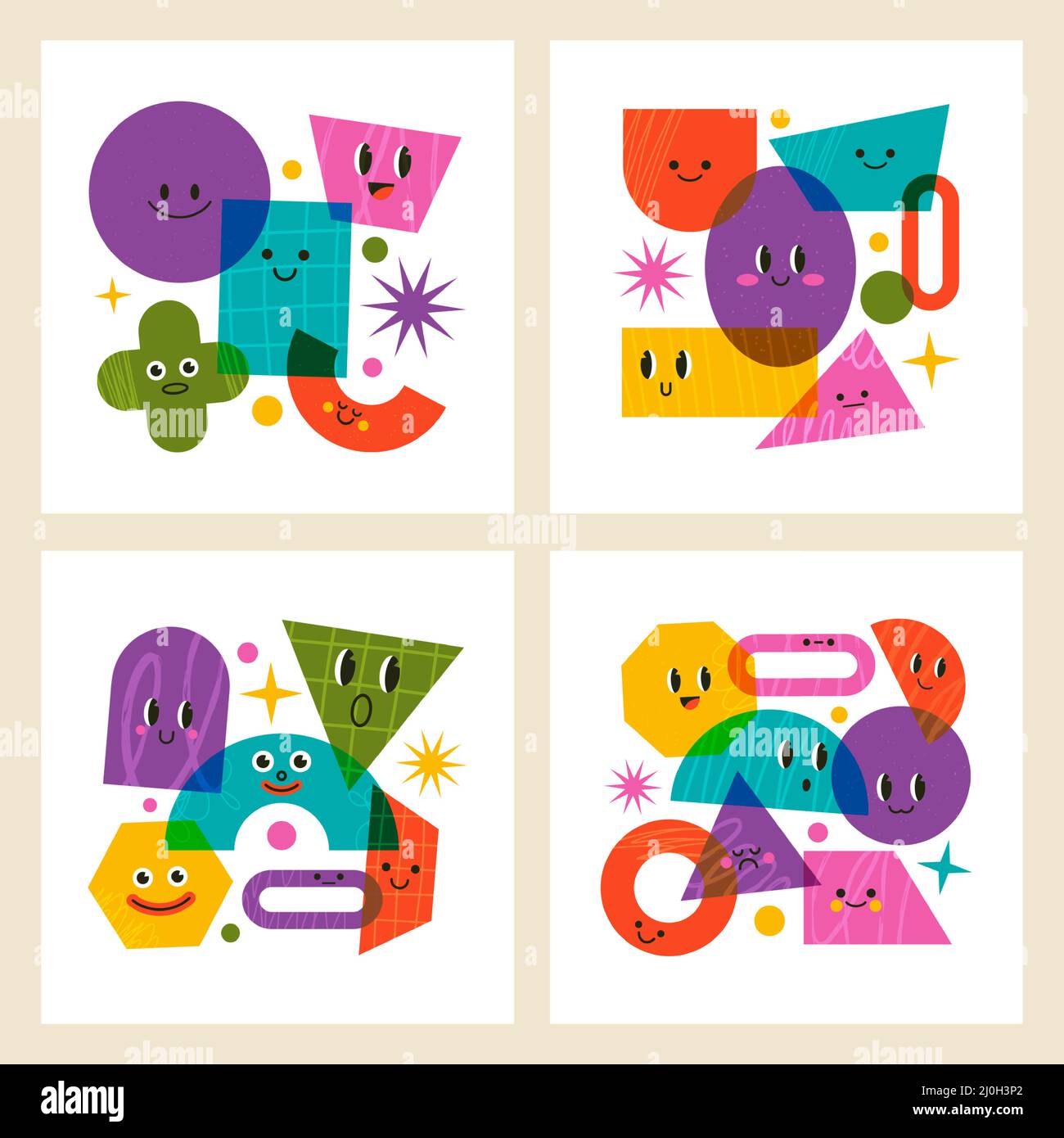 Geometric comic doodle abstract funny characters posters. Abstract ...