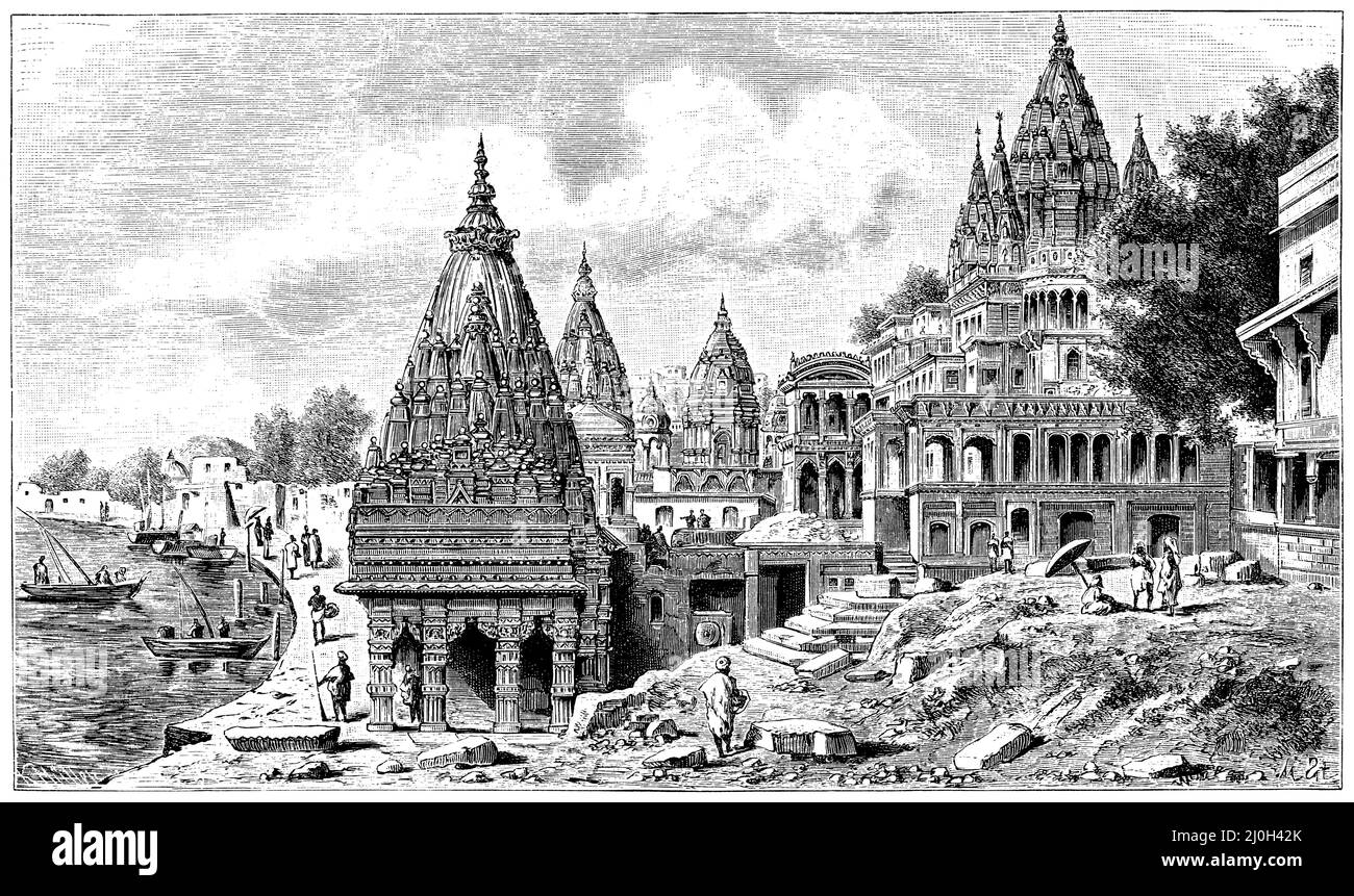 Ancient Indian temples in Benares at the Ganges river, , (, 1906 ...
