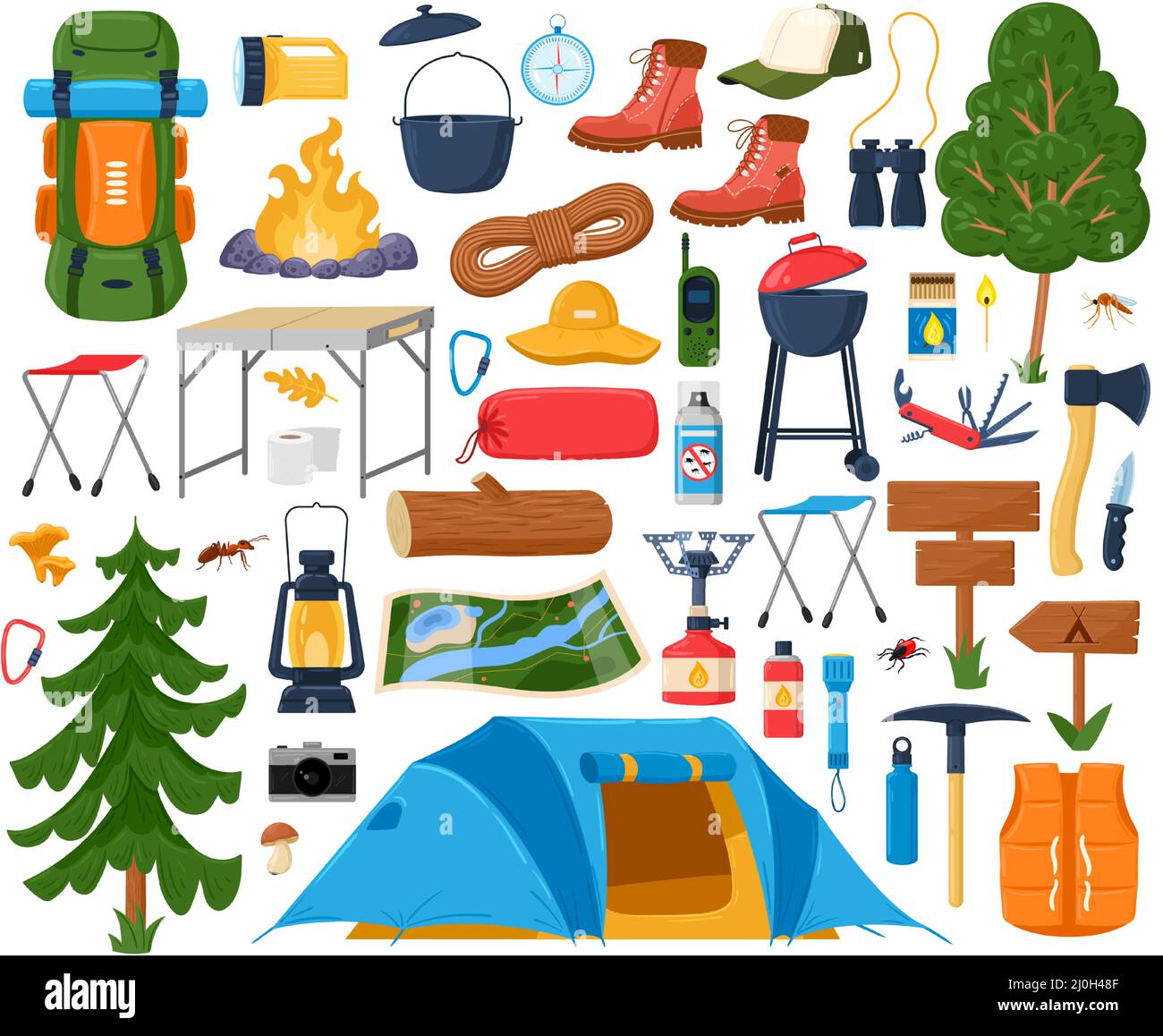 Cartoon hiking equipment, tourist camping campfire, tent and sleeping ...