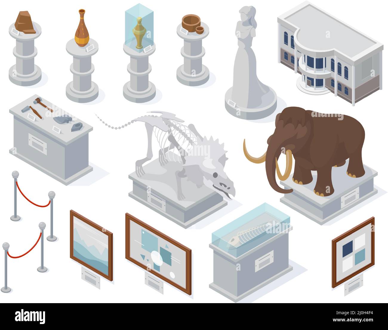 Isometric museum exhibits, ancient statue, art exhibition and ...