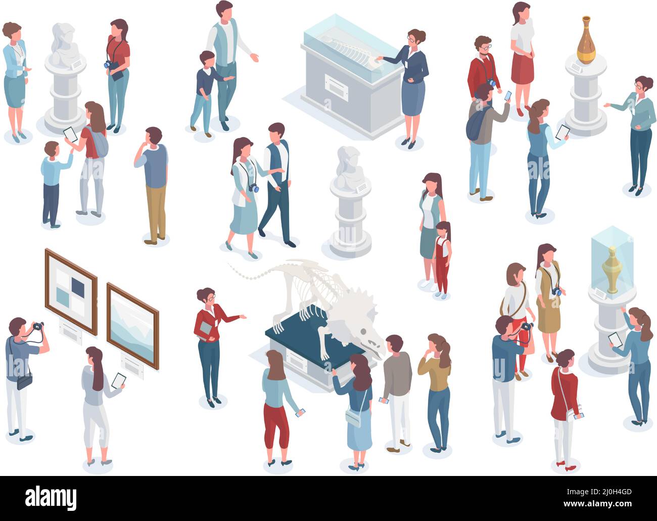 Isometric museum tour, exhibition visitors and curator characters ...