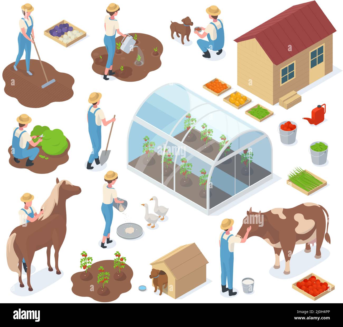 Isometric garden, farm characters, 3d greenhouse, agriculture elements ...