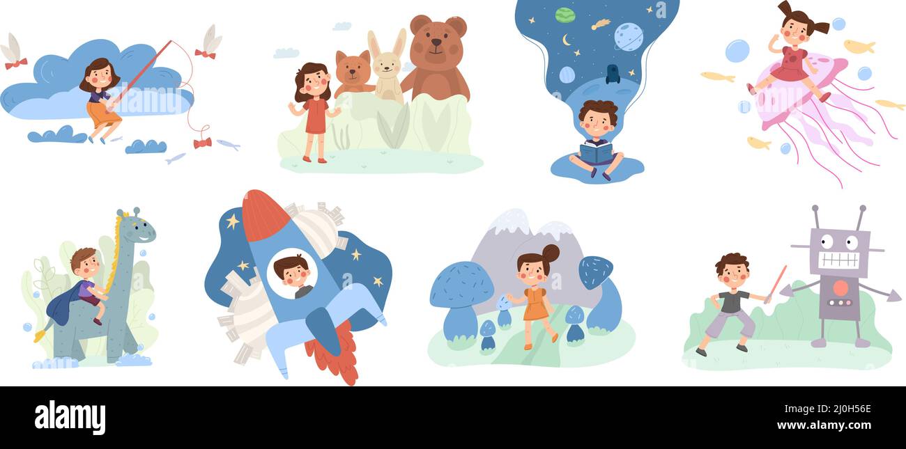 Fantasy kids world, imagination, fairy tale, magic. Childrens imaginary ...