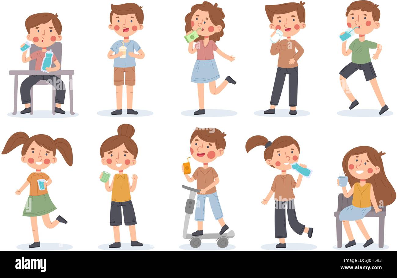 Kids drink water, juice or milk, thirsty kindergarten children. Girls ...