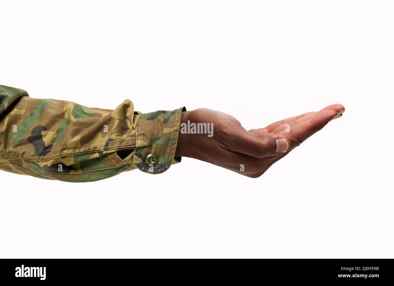 soldier man hand with palm up isolated on white Stock Photo - Alamy