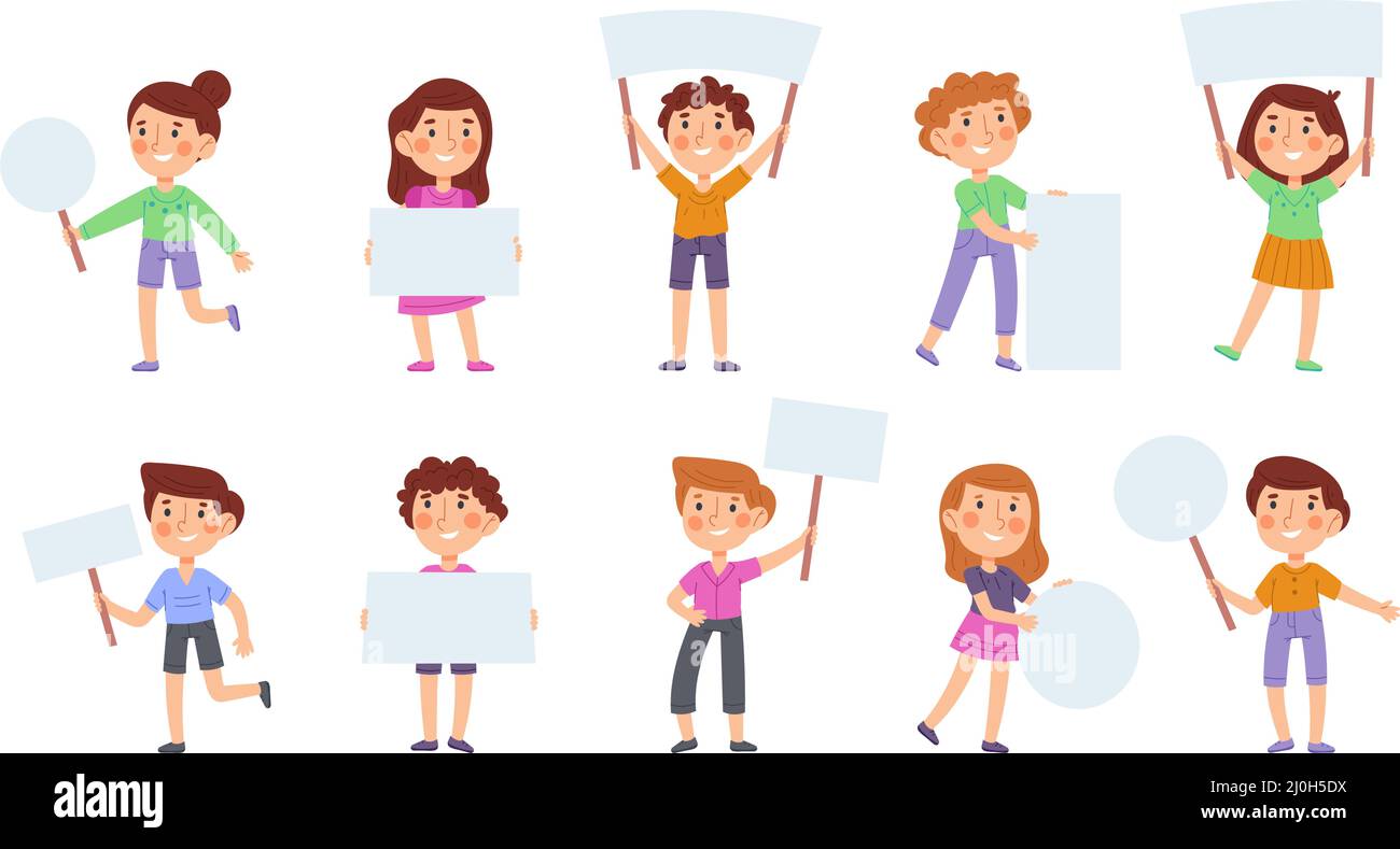 Cartoon kids hold banners, cute children with blank placards. Little ...