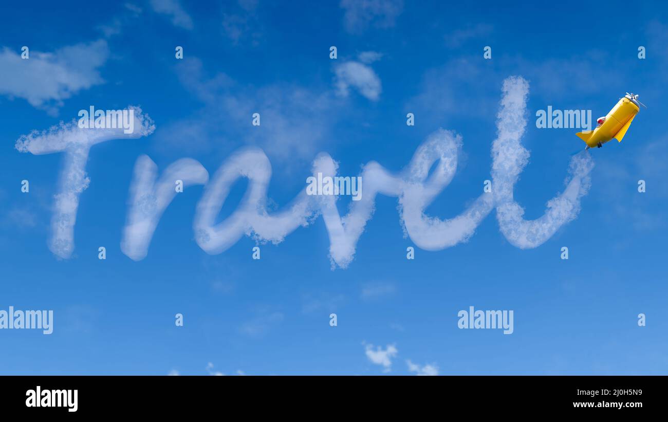 3d render of litle airplane writing word Travel in sky. Concept of ...