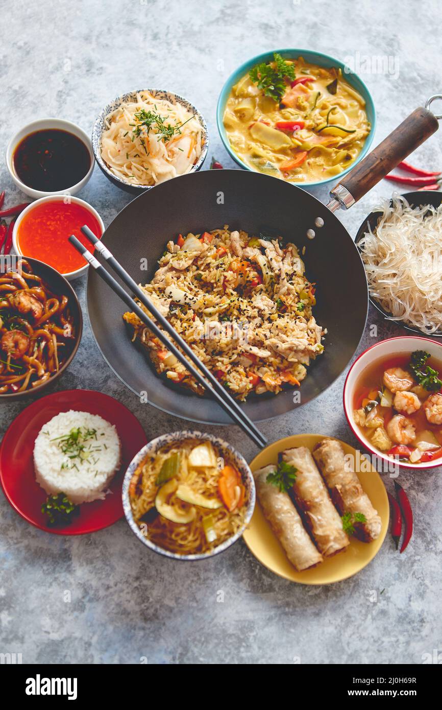 Asian oriental food composition in colorful dishware Stock Photo - Alamy