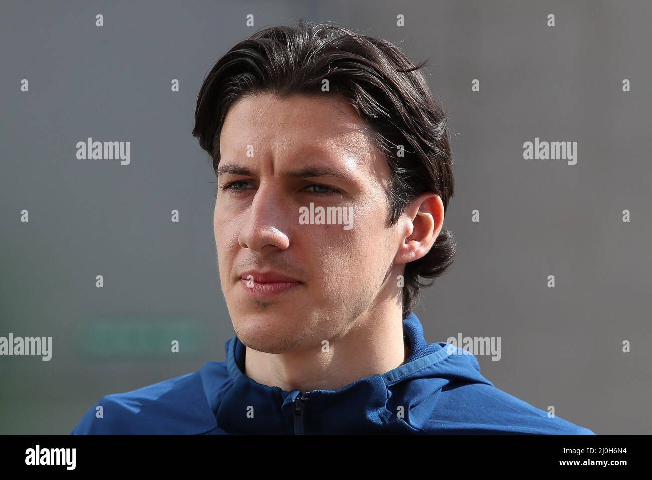 Alfie Jones #5 of Hull City arrives at The MKM Stadium ahead of this ...
