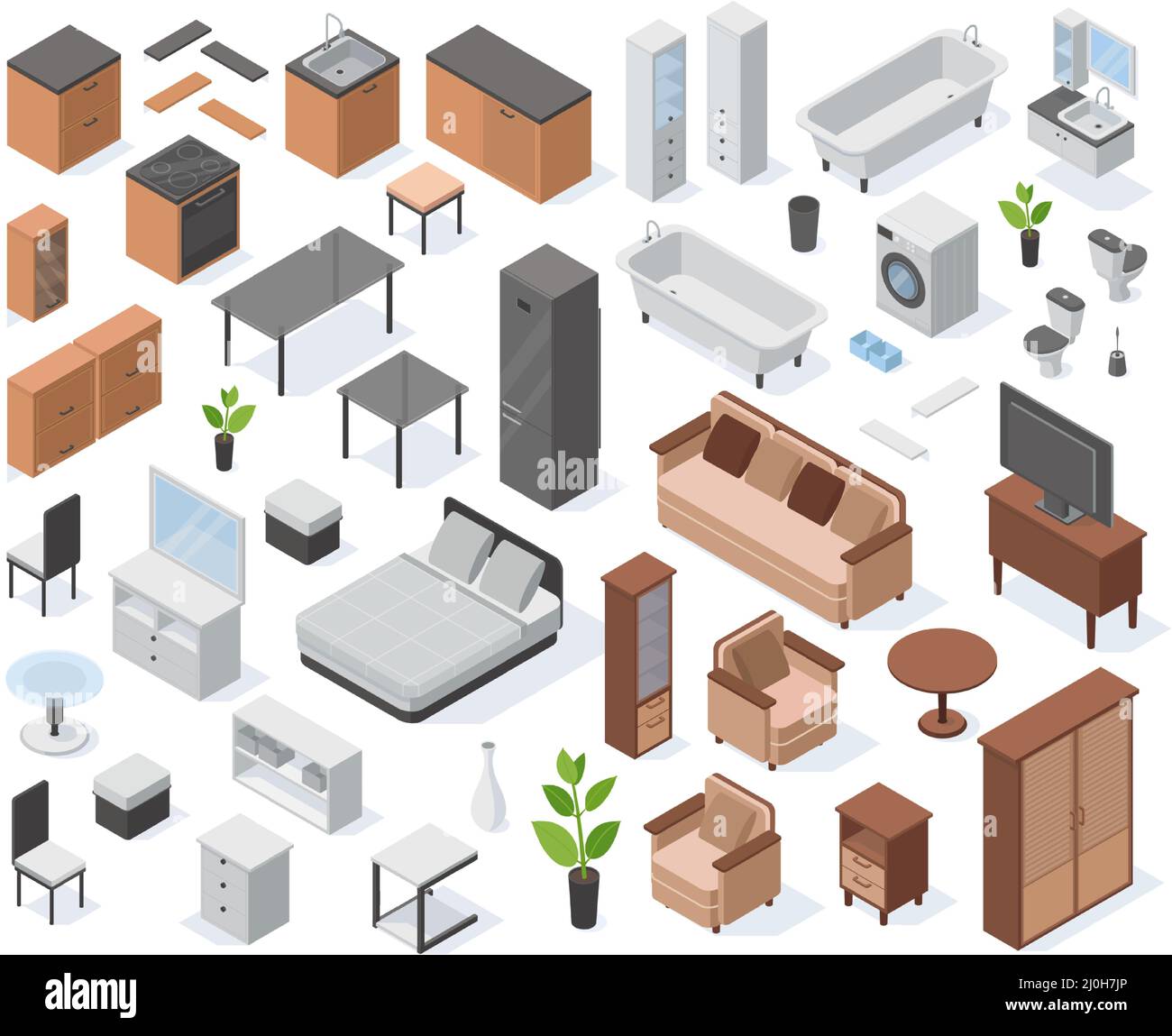 Isometric apartment 3d furniture, home interior elements. Modern living ...