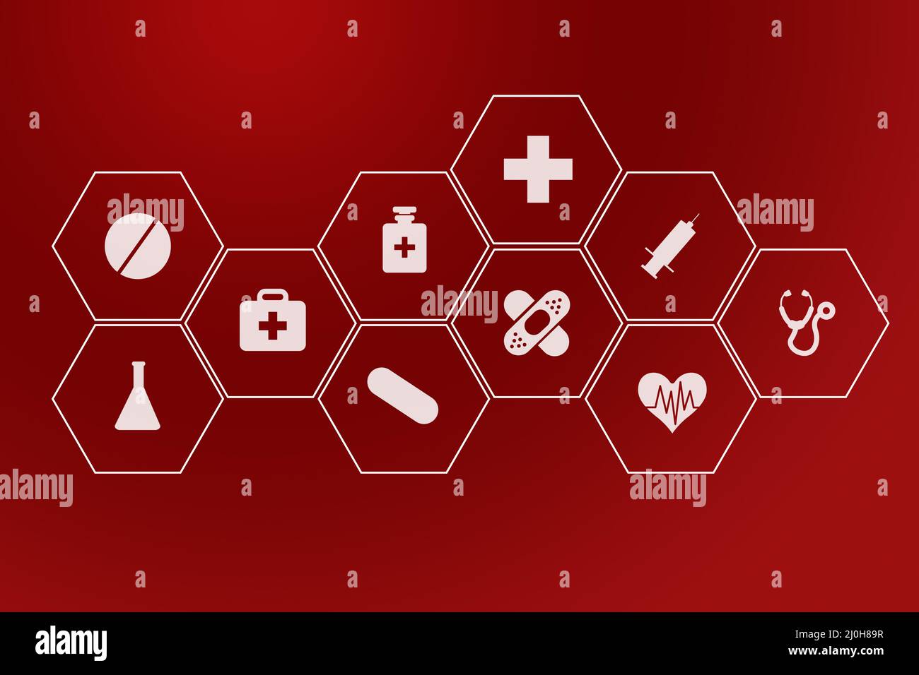 Red illustration of many interconnected medical icons Stock Photo - Alamy