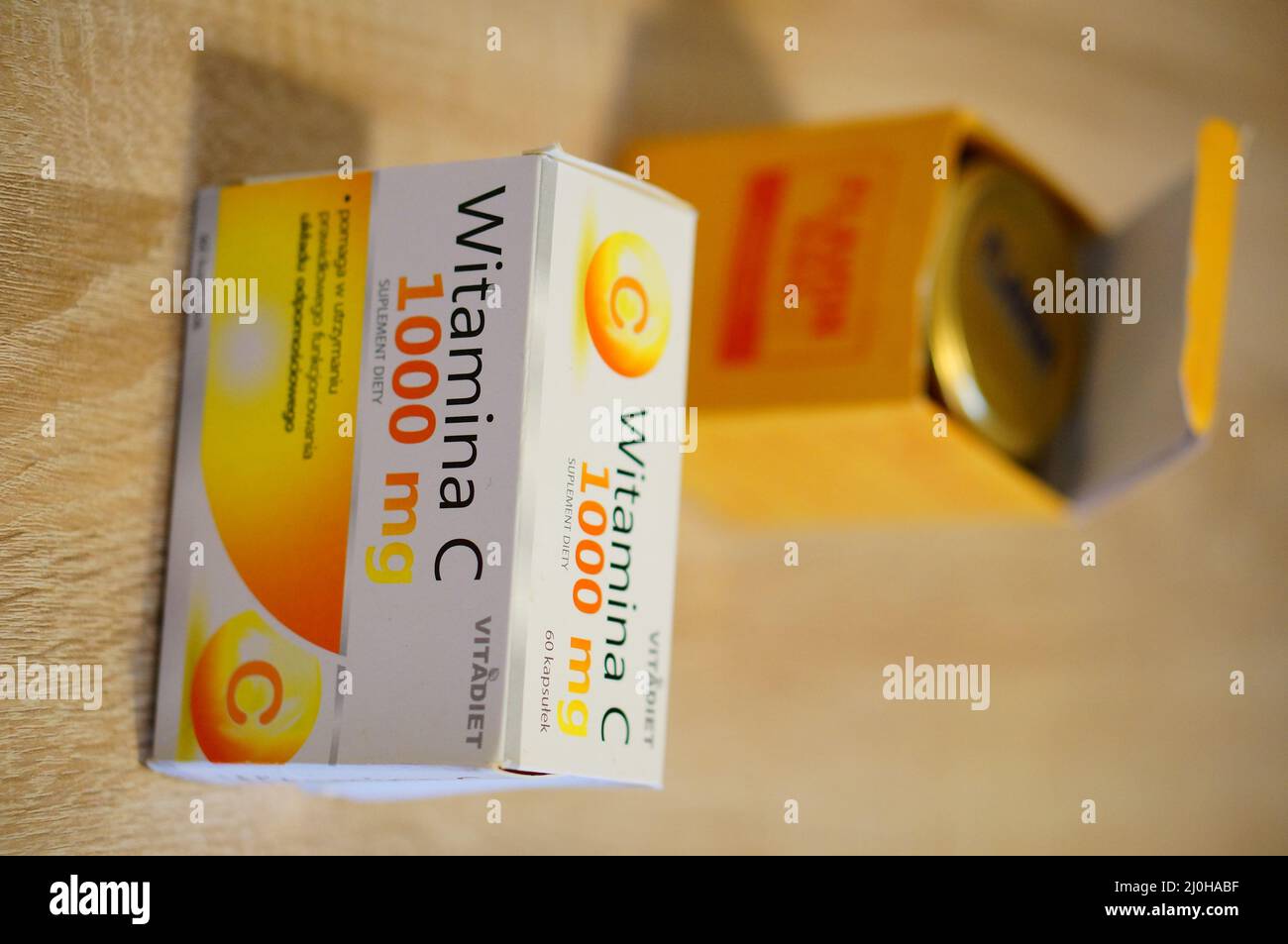 Vertical shot of Vitadiet brand Vitamin C diet supplement in a box ...