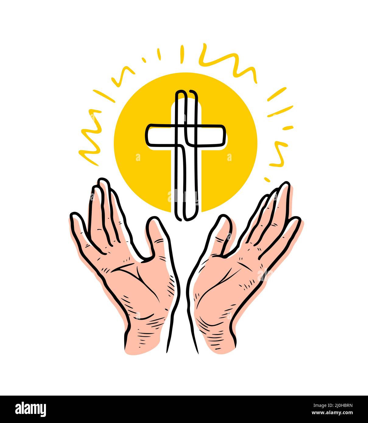 Hands raised in prayer and cross as symbol of faith in God. Vector ...