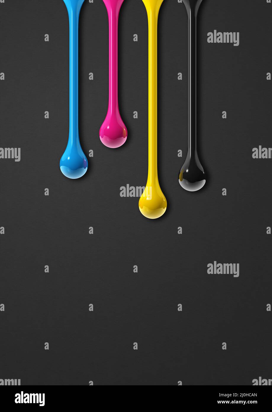 Cmyk ink drops on black paper background Stock Photo - Alamy