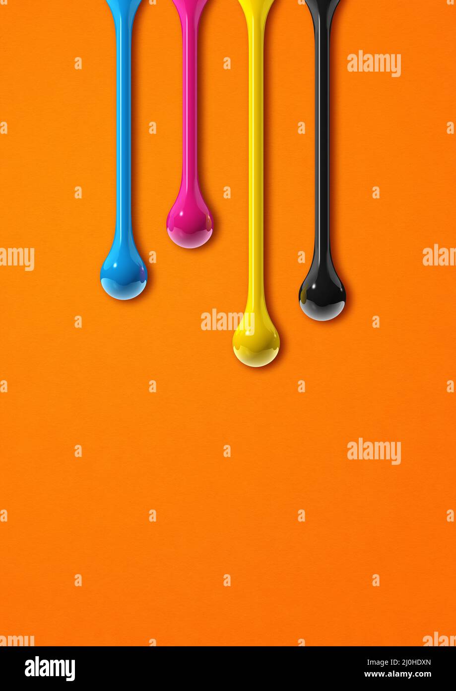 Cmyk ink drops on orange paper background Stock Photo - Alamy