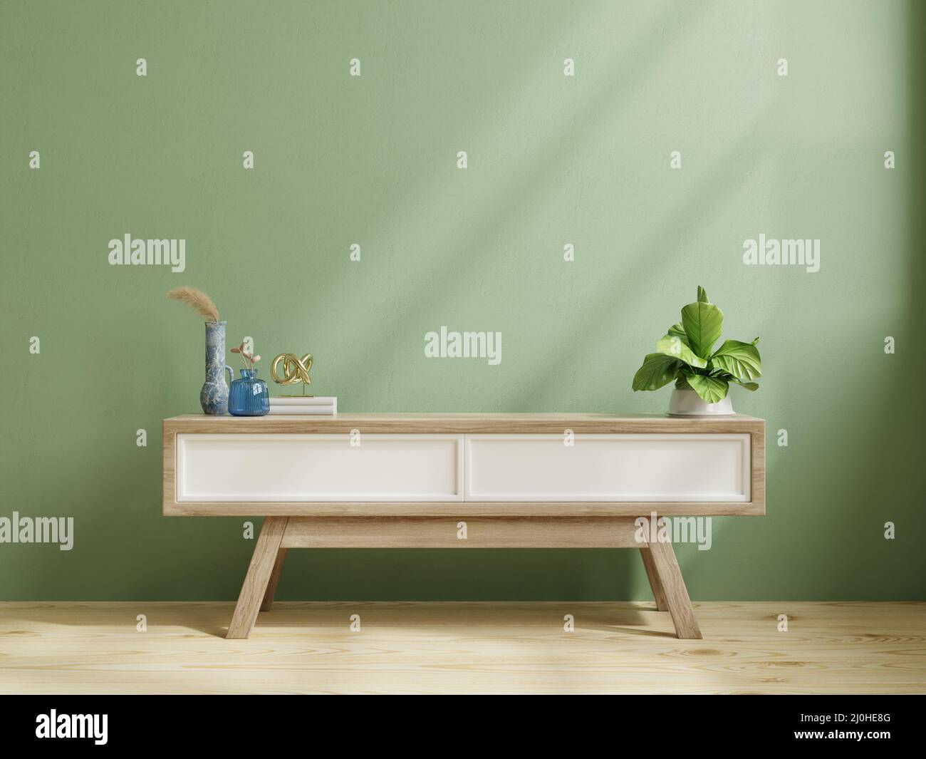 Modern wooden commode for tv mockup in empty room with green wall.3d ...