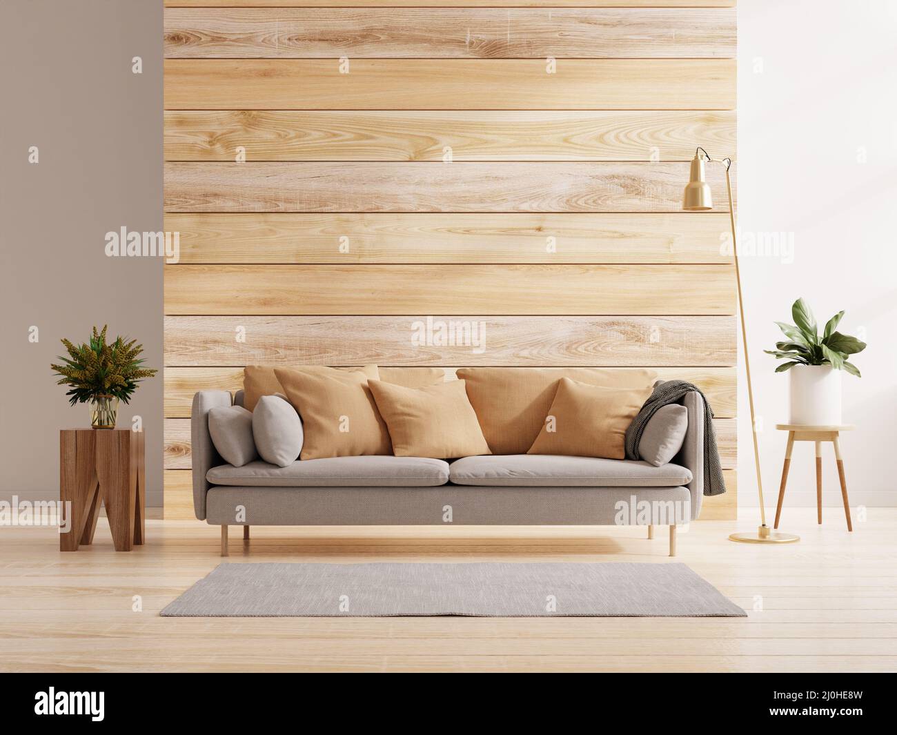 Sofa in modern empty room with behind the wooden wall.3D rendering ...