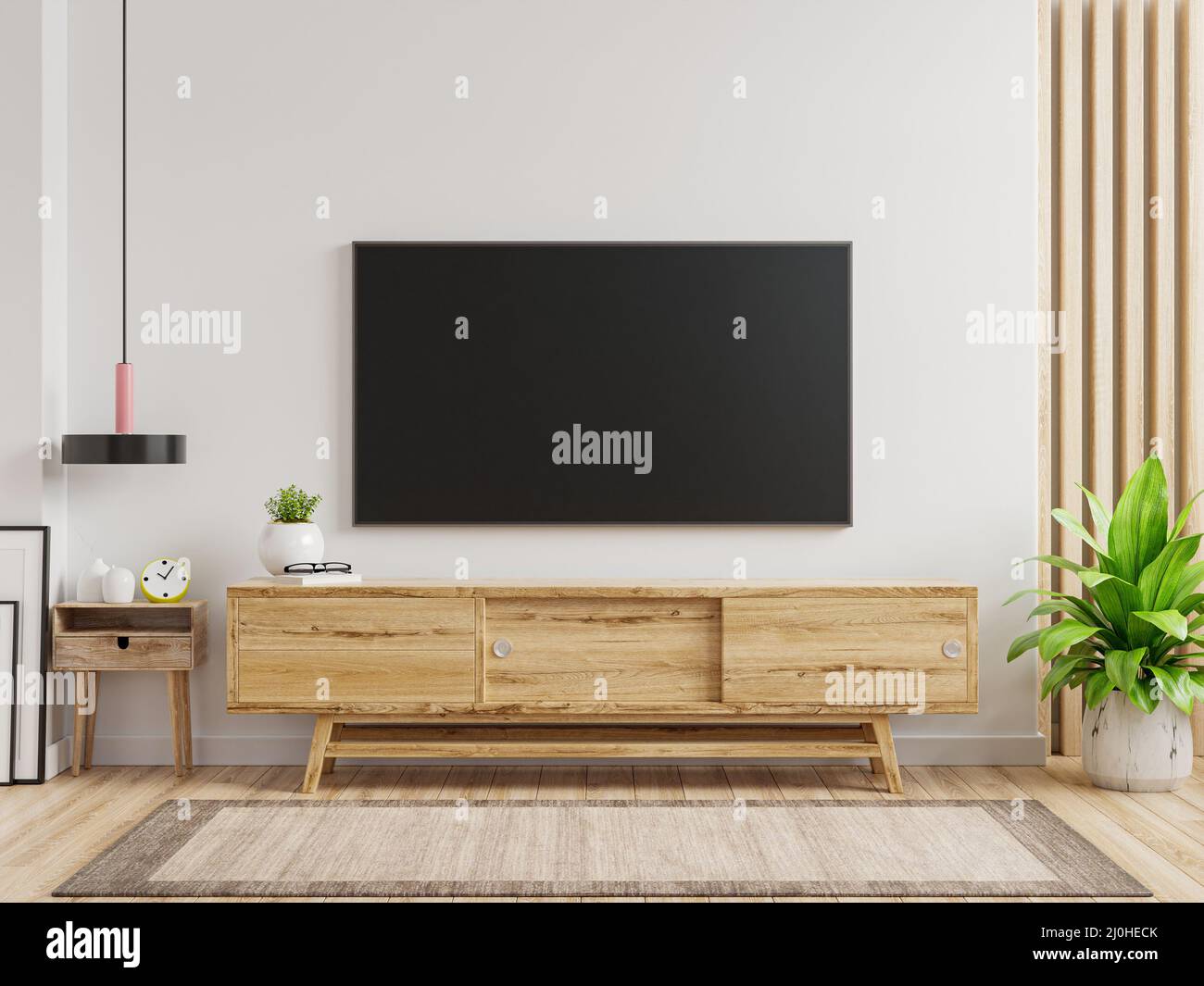 LED TV on the cabinet in modern living room on white wall background,3d ...