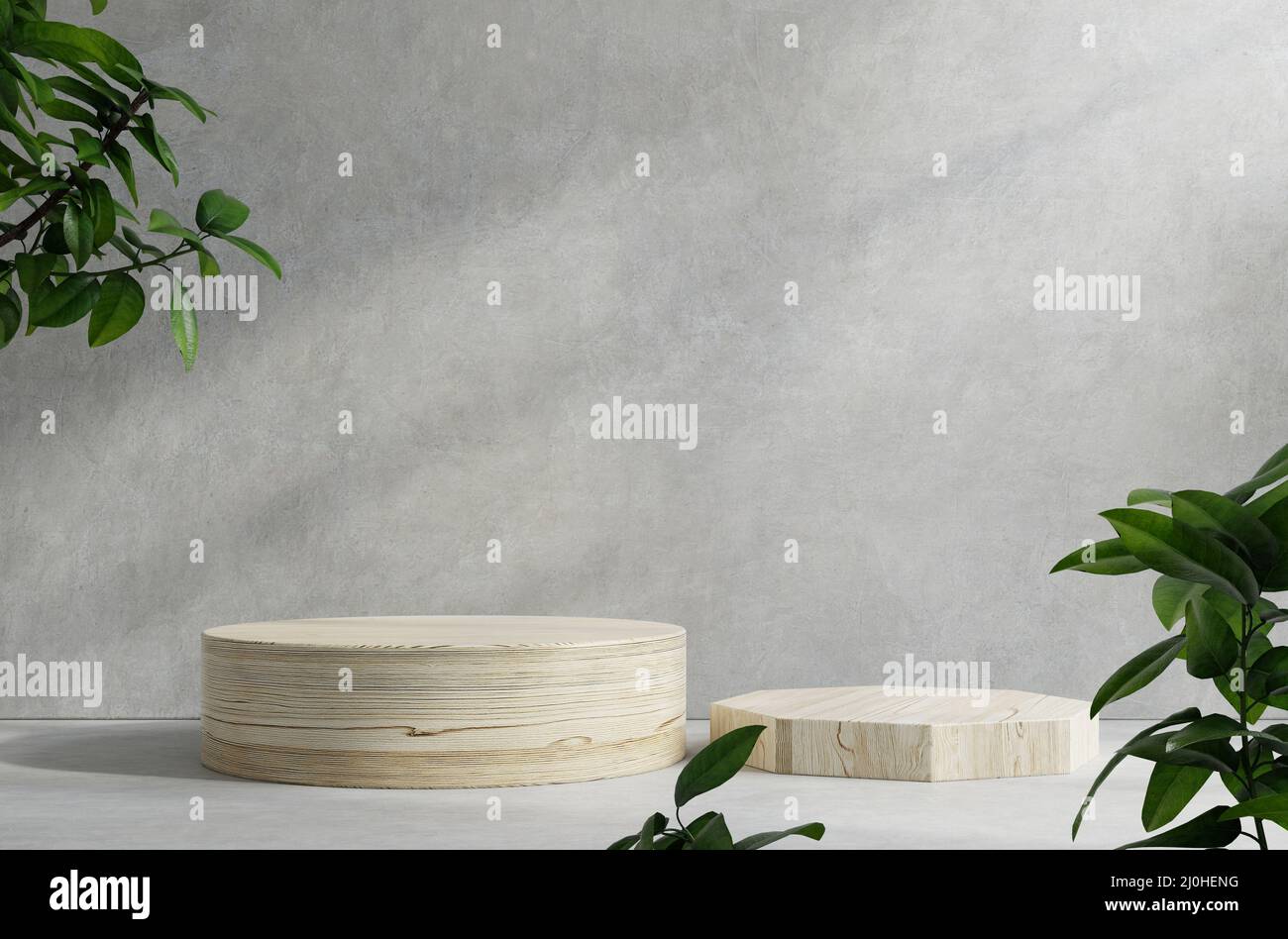Wood podium on table counter with concrete grunge texture background.3D ...