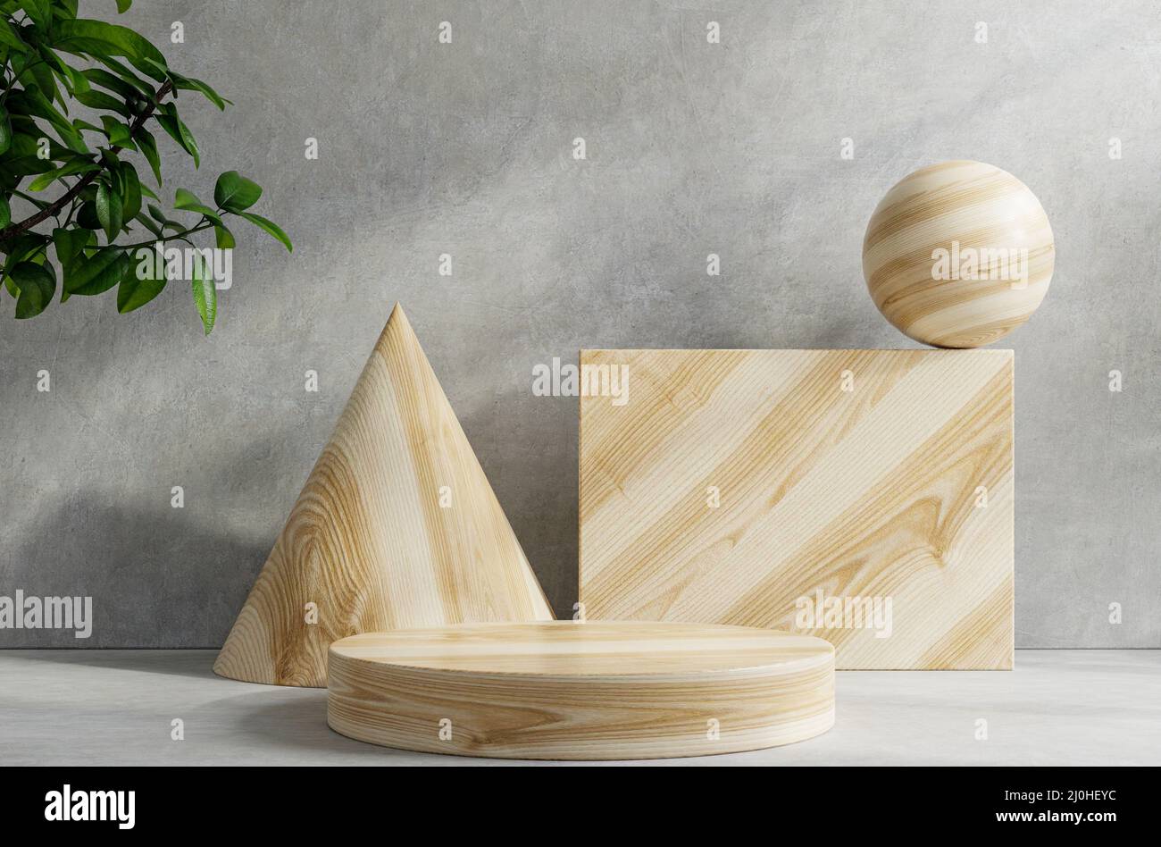 Wood podium on table counter with concrete grunge texture background.3d ...
