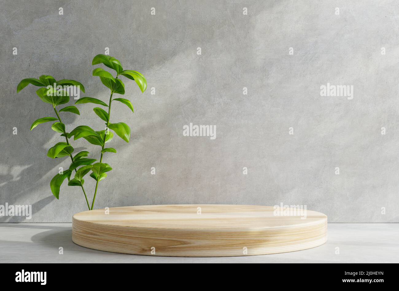 Wood podium on table counter with concrete grunge texture background.3d ...