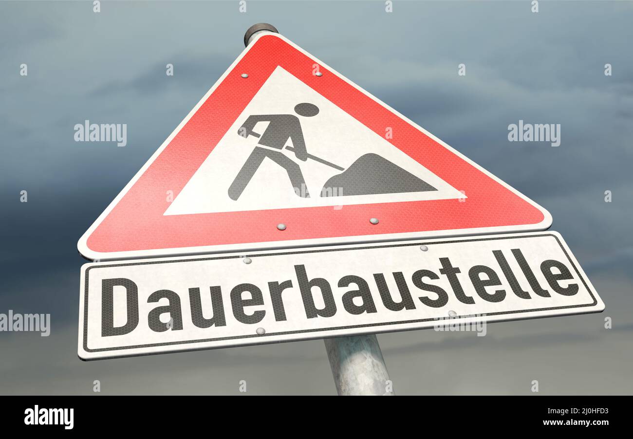 Warning sign: permanent building site (in German: Dauerbaustelle Stock ...