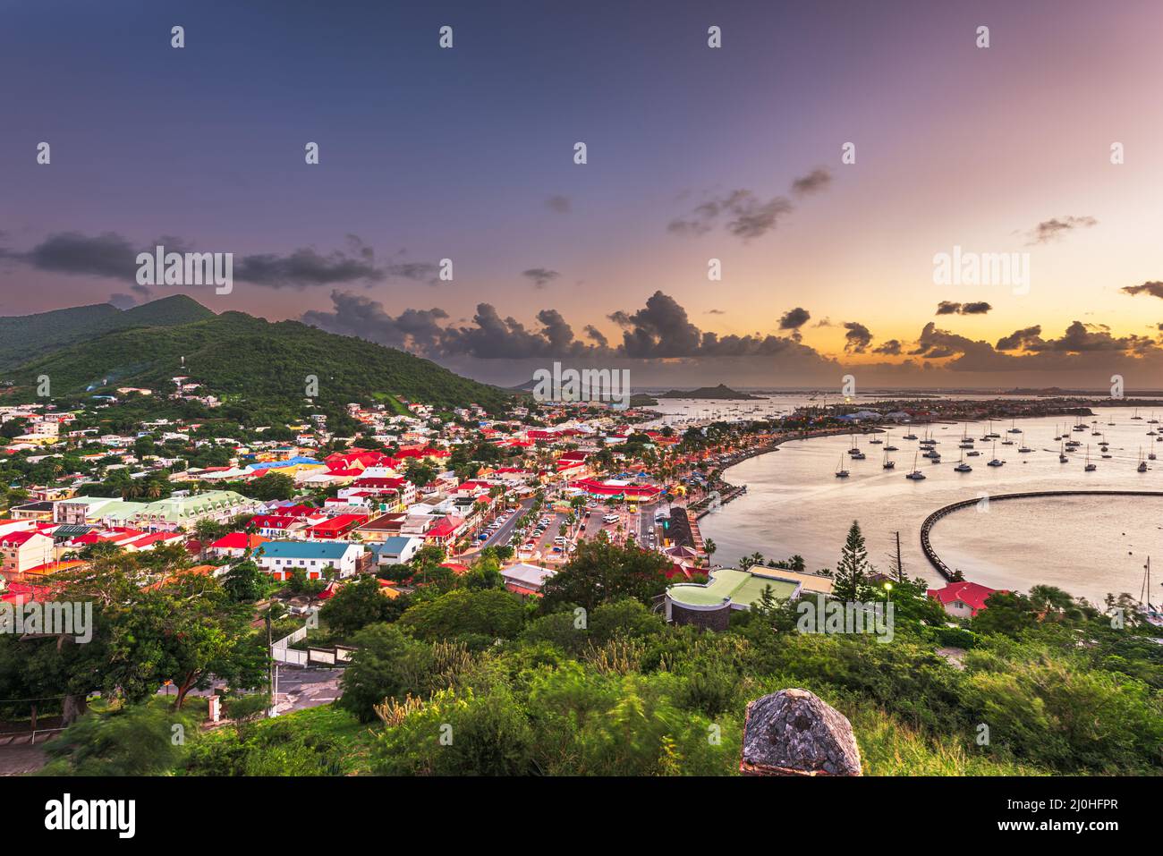 Marigot, St. Martin town skyline in the Caribbean at dusk Stock Photo ...