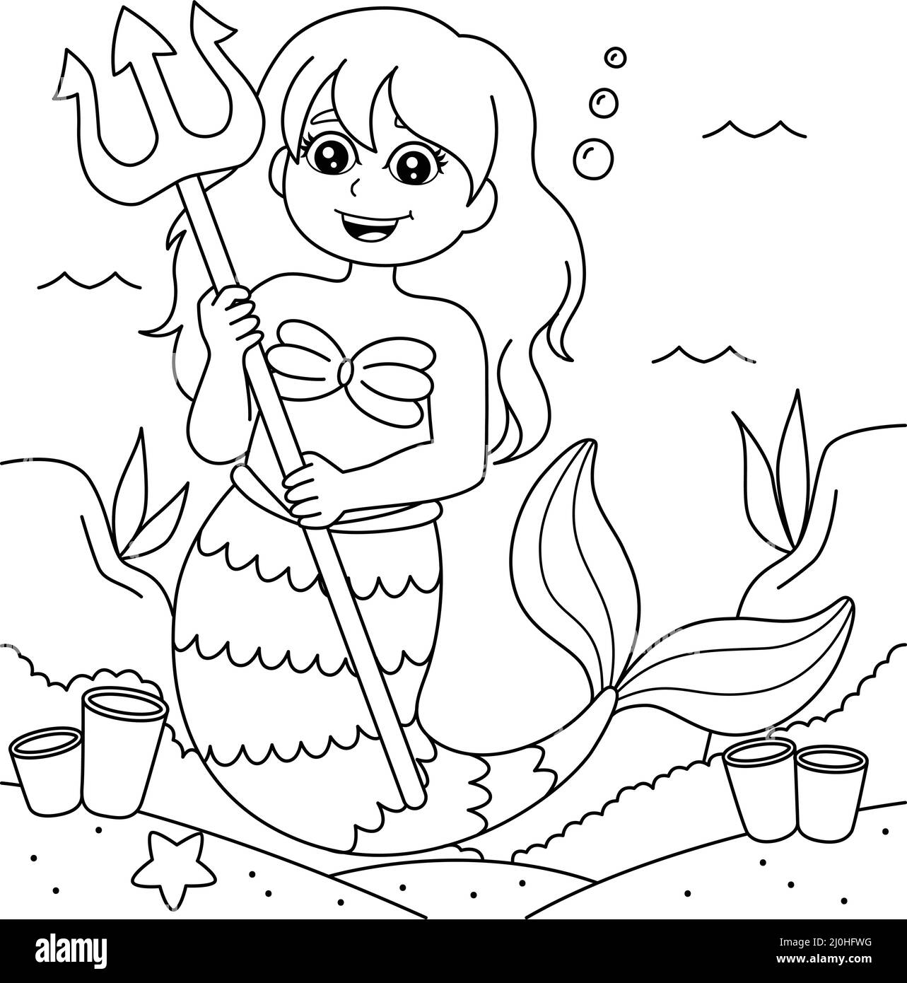 Mermaid Holding Trident Coloring Page for Kids Stock Vector Image & Art ...