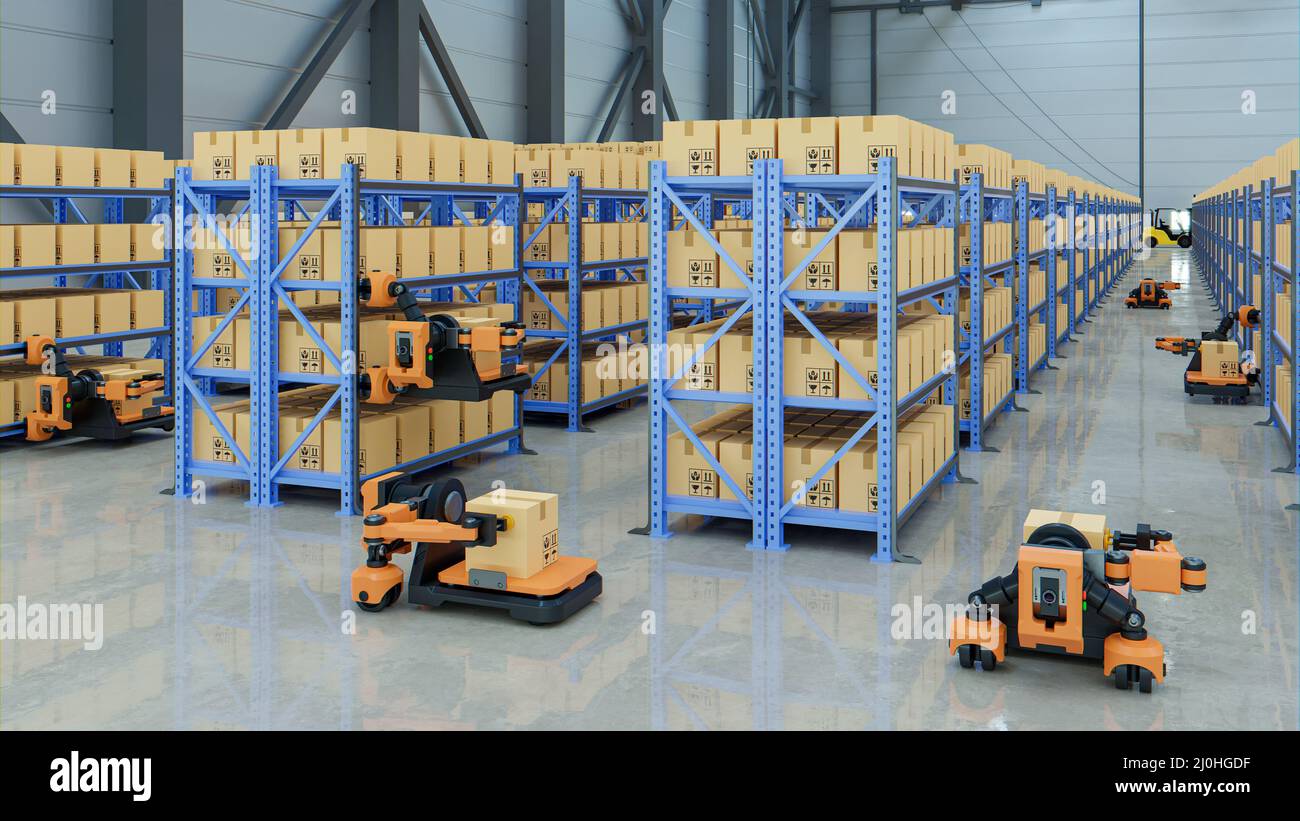 Automated warehouse AGV robots with delivering.3d rendering Stock Photo ... Automated warehouse AGV robots with delivering.3d rendering Stock Photo ...