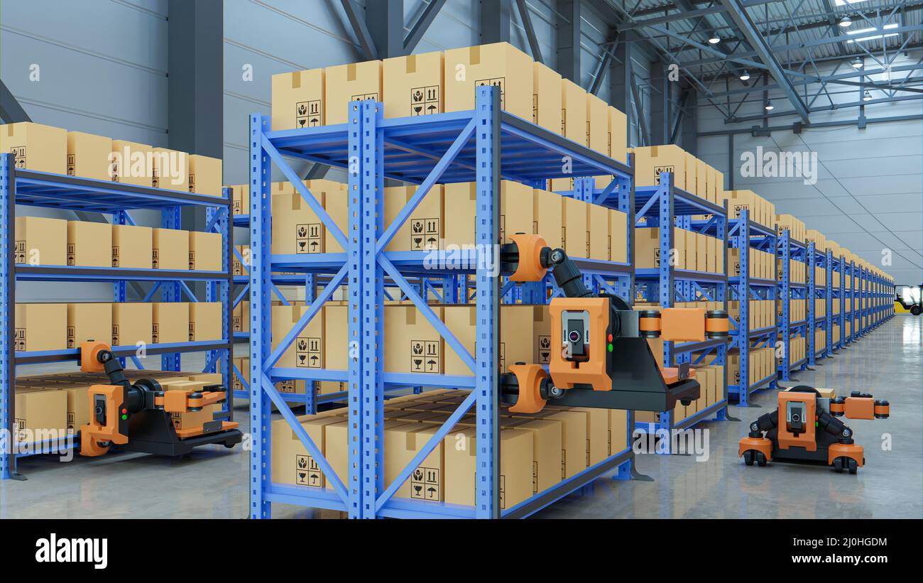 Automated warehouse AGV robots with delivering.3D rendering Stock Photo ...