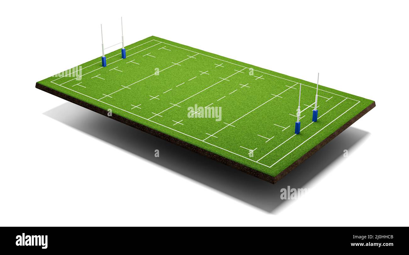 3D illustration of a Rugby Ground cross-section stadiu on a green grass ...