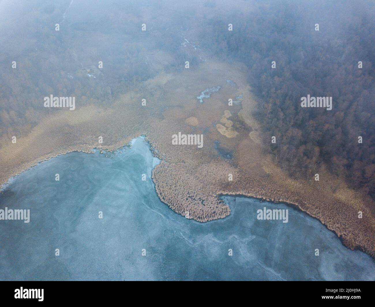 Bird's eye view of a frozen lake in the middle of a golden forest Stock ...