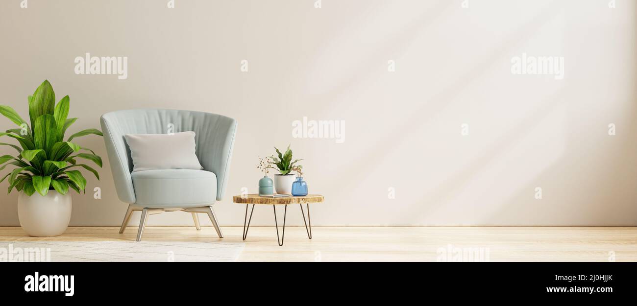 Modern living room interior with armchair and decorating ideas on white ...