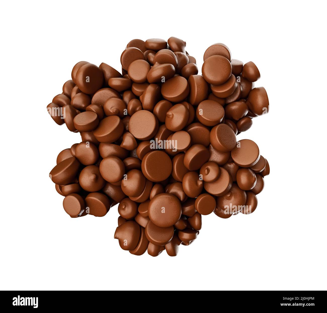 To view of a bunch of chocolate chip pieces on a white background Stock ...