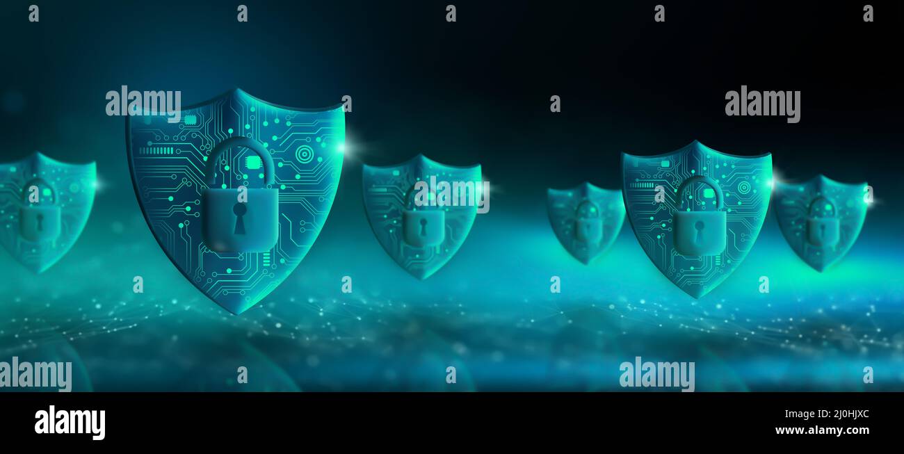 Shield with Padlock icon on Circuit board and Network wireframe with binary code over blue ...